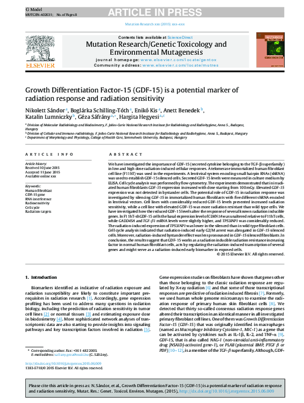 (PDF) Growth Differentiation Factor-15 (GDF-15) is a potential marker of radiation response and ...