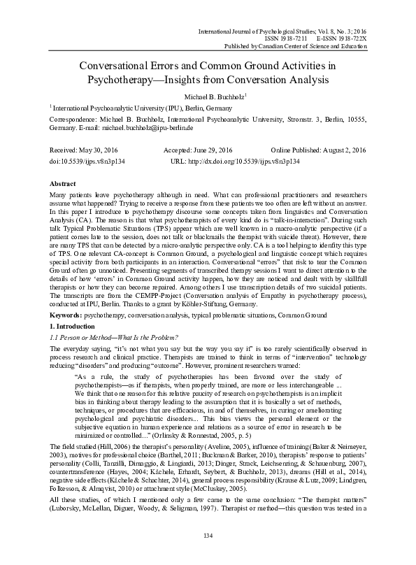 (PDF) Conversational Errors and Common Ground Activities in Psychotherapy—Insights from ...