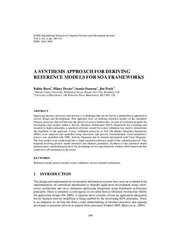 (PDF) A Synthesis Approach for Deriving Reference Models for Soa Frameworks