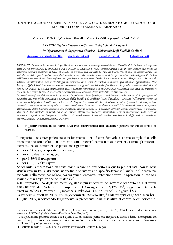 (PDF) UN APPROCCIO SPERIMENTALE PER IL CALCOLO DEL RISCHIO NEL ...