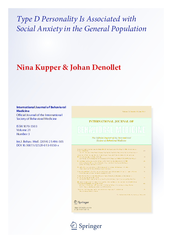 (PDF) Type D personality is associated with social anxiety in the ...