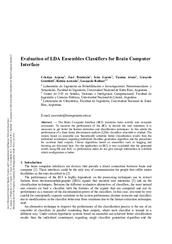 (PDF) Evaluation of LDA Ensembles Classifiers for Brain Computer Interface