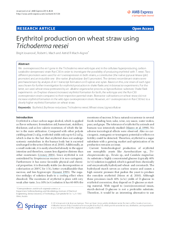 (PDF) Erythritol production on wheat straw using Trichoderma reesei
