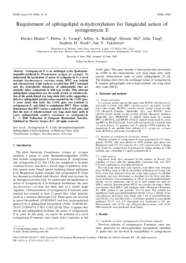(PDF) Requirement of sphingolipid α-hydroxylation for fungicidal action of syringomycin E