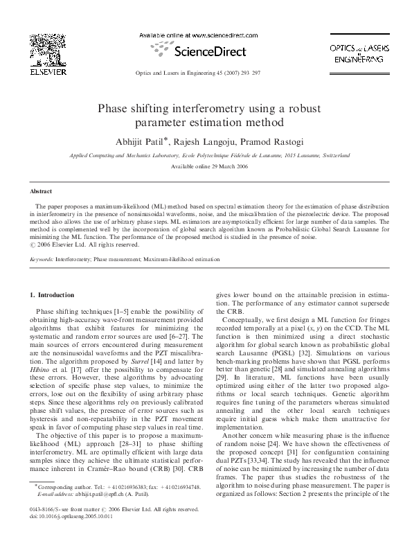 Pdf Phase Shifting Interferometry Using A Robust Parameter Estimation Method Rajesh Langoju