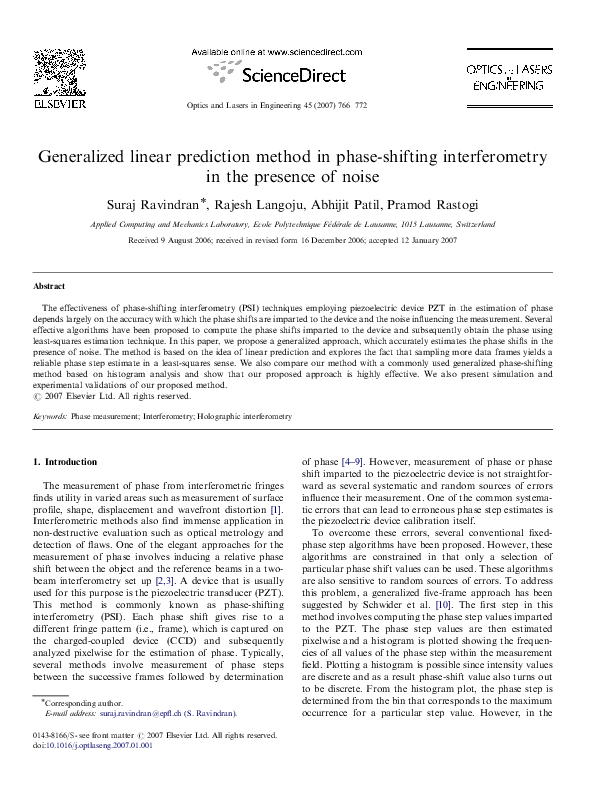 (PDF) Generalized linear prediction method in phase-shifting interferometry in the presence of noise
