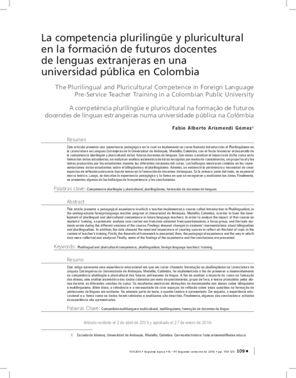 La competencia plurilingüe y pluricultural en la formación de futuros ...