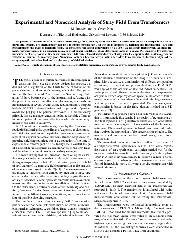 (PDF) Experimental and Numerical Analysis of Stray Field From Transformers