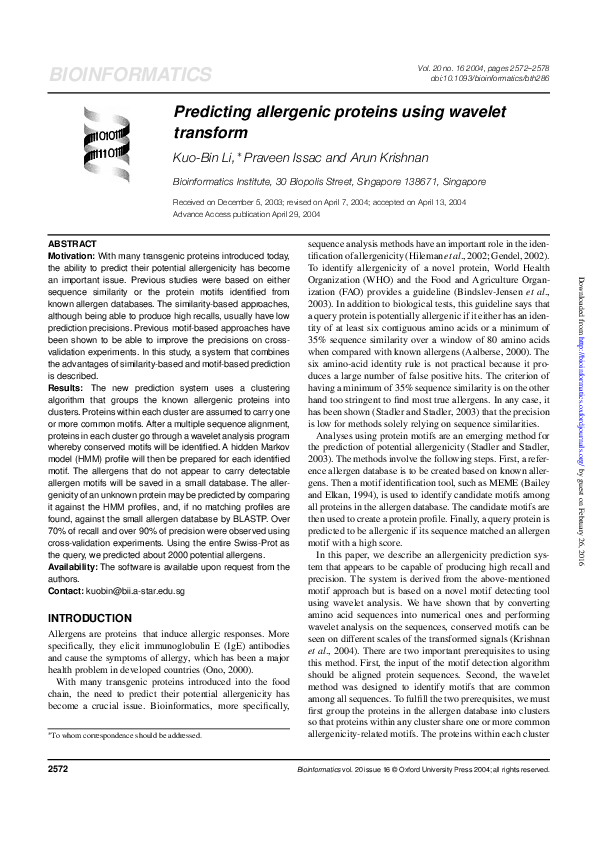 (PDF) Predicting allergenic proteins using wavelet transform