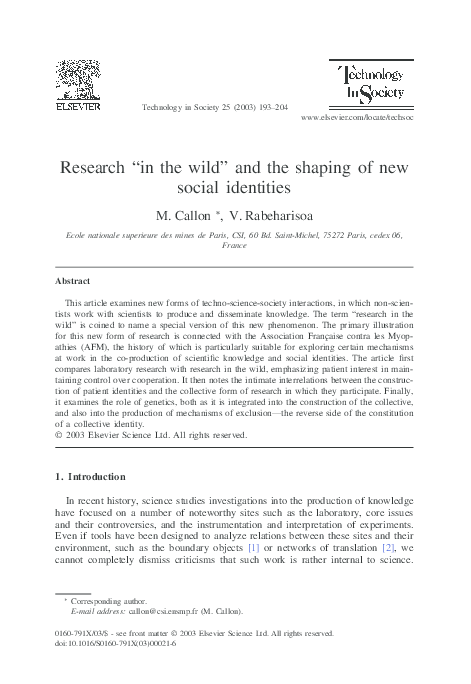 (PDF) Research “in the wild” and the shaping of new social identities