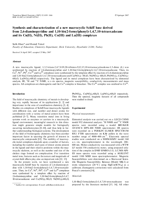 (PDF) Synthesis and characterization of new macrocyclic Schiff base derived from 2,6 ...
