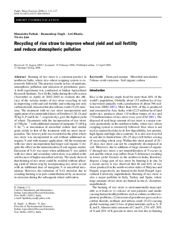 (PDF) Recycling of rice straw to improve wheat yield and soil fertility and reduce atmospheric ...