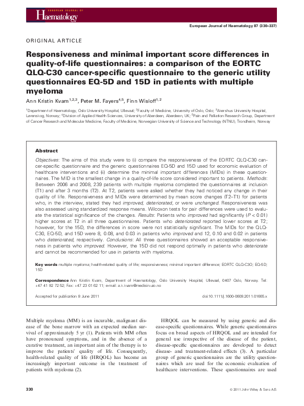 (PDF) Responsiveness and minimal important score differences in quality-of-life questionnaires ...
