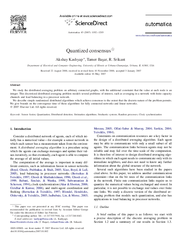 Pdf Quantized Consensus Tamer Basar