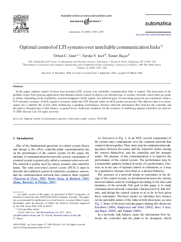 (PDF) Optimal control of LTI systems over unreliable communication links