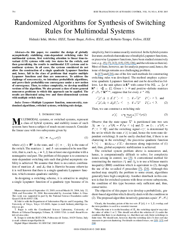 (PDF) Randomized algorithms for synthesis of switching rules for multimodal systems