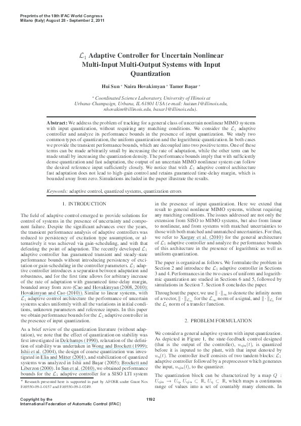 (PDF) ${\cal L}_{1}$ Adaptive Controller for Uncertain Nonlinear Multi-Input Multi-Output ...