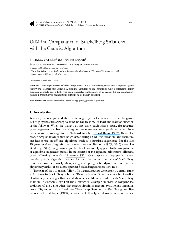 (PDF) Off-line computation of Stackelberg solutions with the genetic algorithm