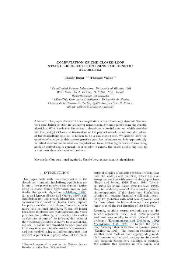 Pdf Computation Of The Closed Loop Stackelberg Solution Using The Genetic Algorithm Tamer