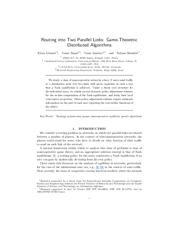 (PDF) Routing into Two Parallel Links: Game-Theoretic Distributed Algorithms | Tamer Basar ...