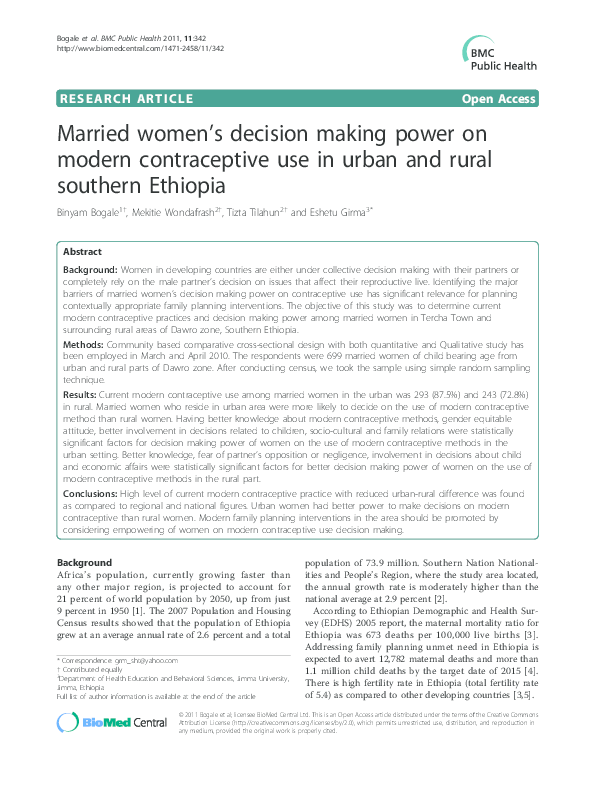 (PDF) Married women's decision making power on modern contraceptive use in urban and rural ...