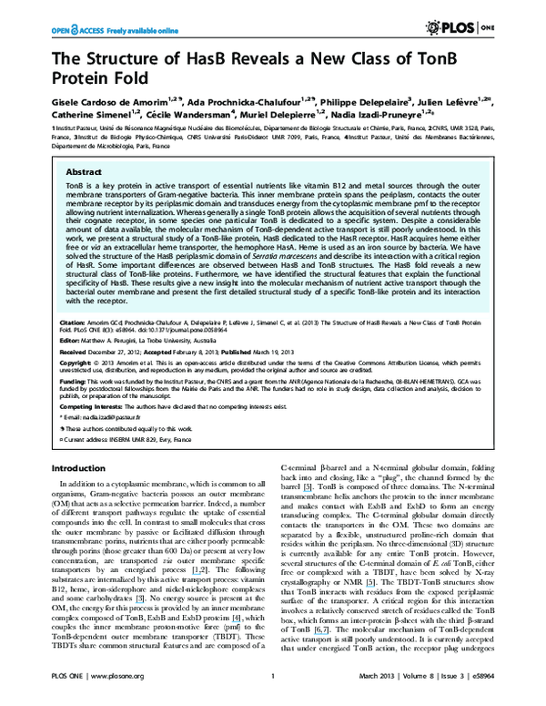 (PDF) The Structure of HasB Reveals a New Class of TonB Protein Fold