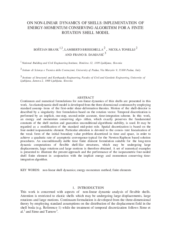 Pdf On Non Linear Dynamics Of Shells Implementation Of Energy Momentum Conserving Algorithm