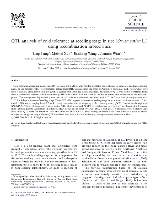 (PDF) QTL analysis of cold tolerance at seedling stage in rice ( Oryza sativa L.) using ...