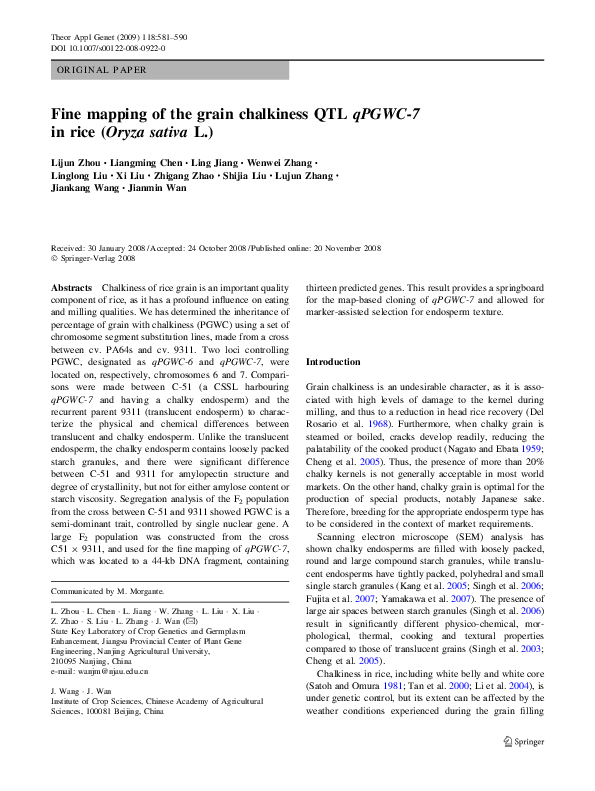 (PDF) Fine mapping of the grain chalkiness QTL qPGWC-7 in rice ( Oryza ...
