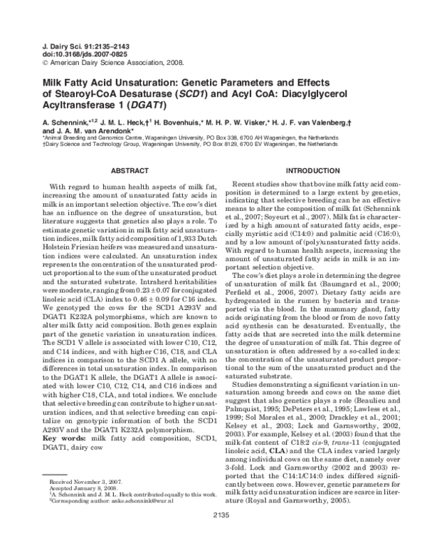 (PDF) Milk Fatty Acid Unsaturation: Genetic Parameters and Effects of Stearoyl-CoA Desaturase ...
