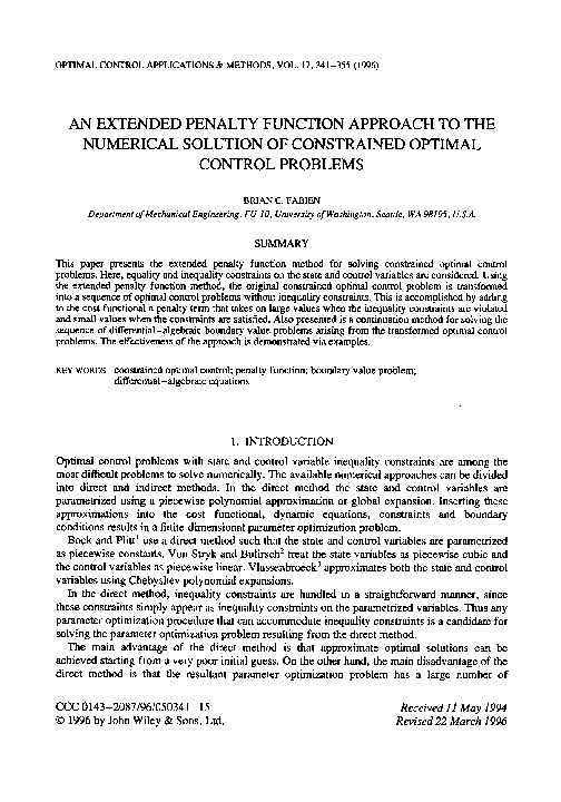 Pdf An Extended Penalty Function Approach To The Numerical Solution Of Constrained Optimal
