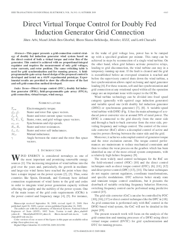 (PDF) Direct Virtual Torque Control for Doubly Fed Induction Generator Grid Connection