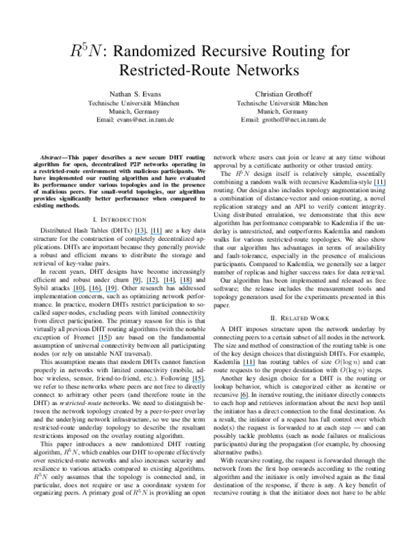 Pdf R5n Randomized Recursive Routing For Restricted Route Networks Christian Grothoff