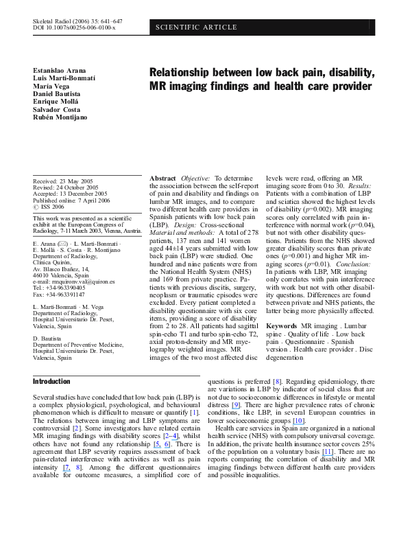 (PDF) Relationship between low back pain, disability, MR imaging ...