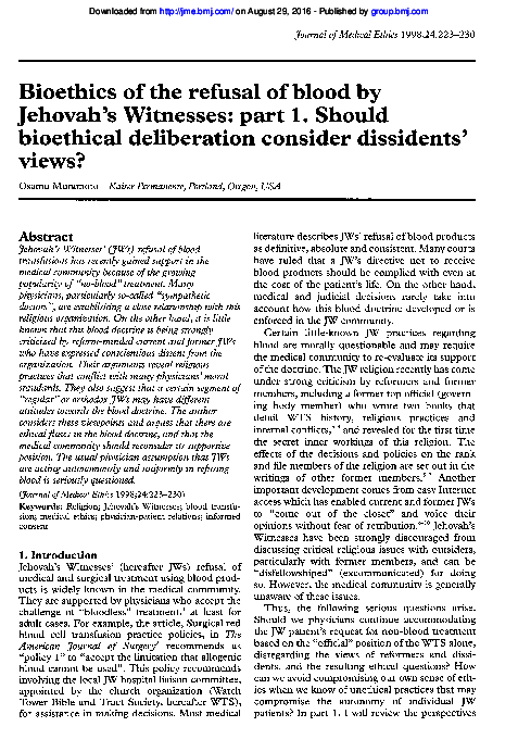 (PDF) Bioethics of the refusal of blood by Jehovah's Witnesses: Part 1 ...