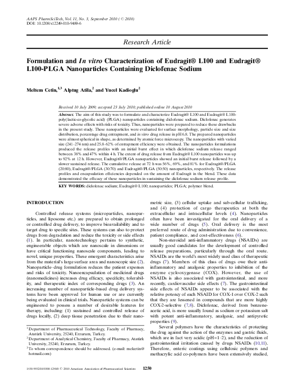 Pdf Formulation And In Vitro Characterization Of Eudragit® L100 And Eudragit® L100 Plga