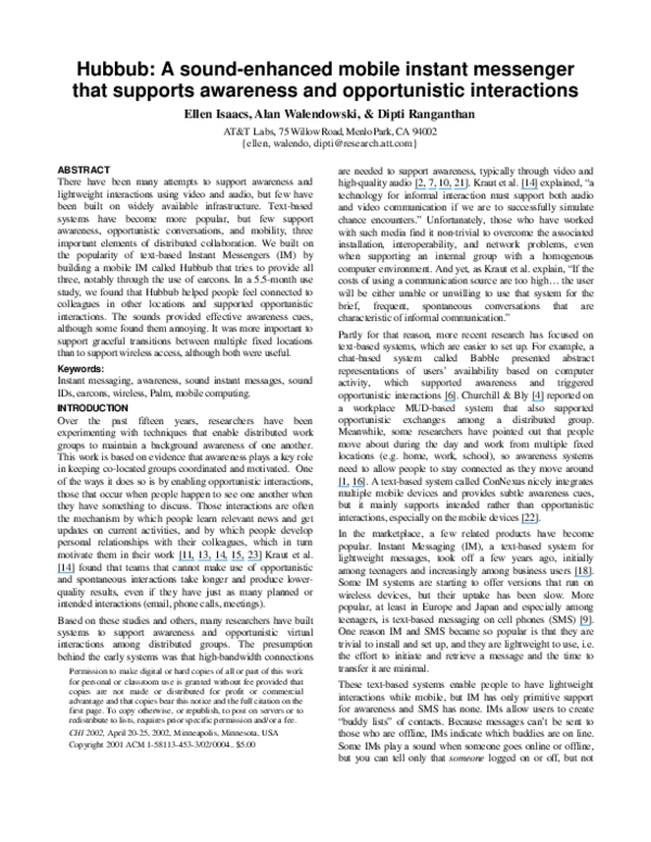 (PDF) Hubbub: a wireless instant messenger that uses earcons for ...