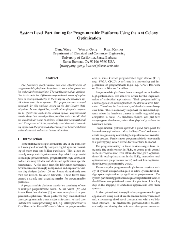 (PDF) System level partitioning for programmable platforms using the ant colony optimization