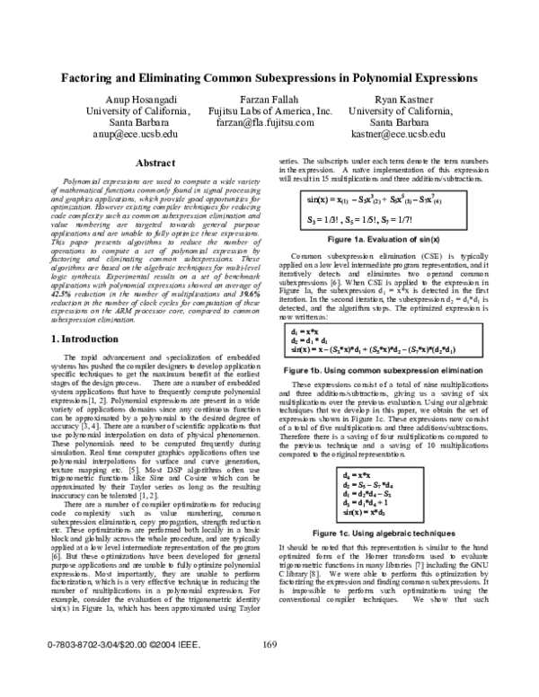 (PDF) Factoring and eliminating common subexpressions in polynomial expressions