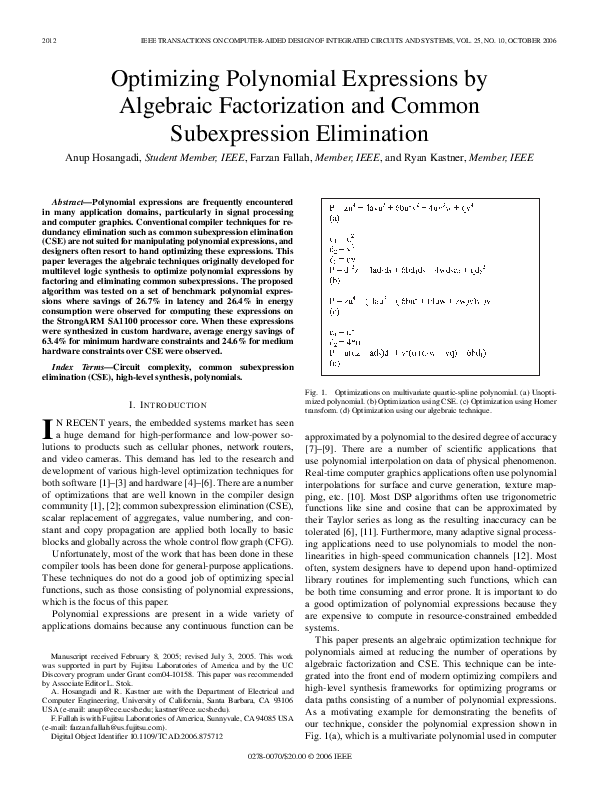 Pdf Optimizing Polynomial Expressions By Algebraic Factorization And Common Subexpression