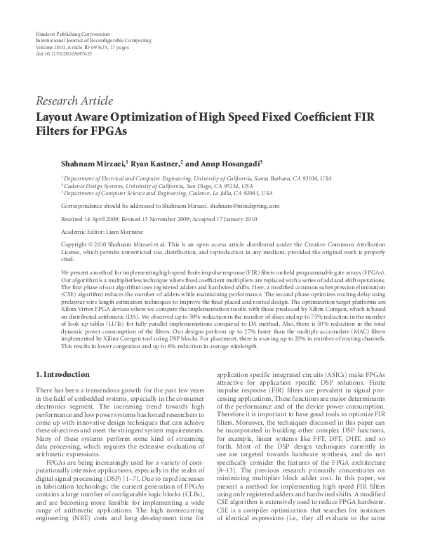Pdf Layout Aware Optimization Of High Speed Fixed Coefficient Fir Filters For Fpgas