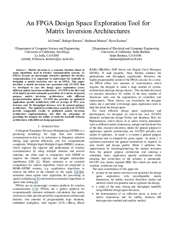 Pdf An Fpga Design Space Exploration Tool For Matrix Inversion Architectures Ryan Kastner
