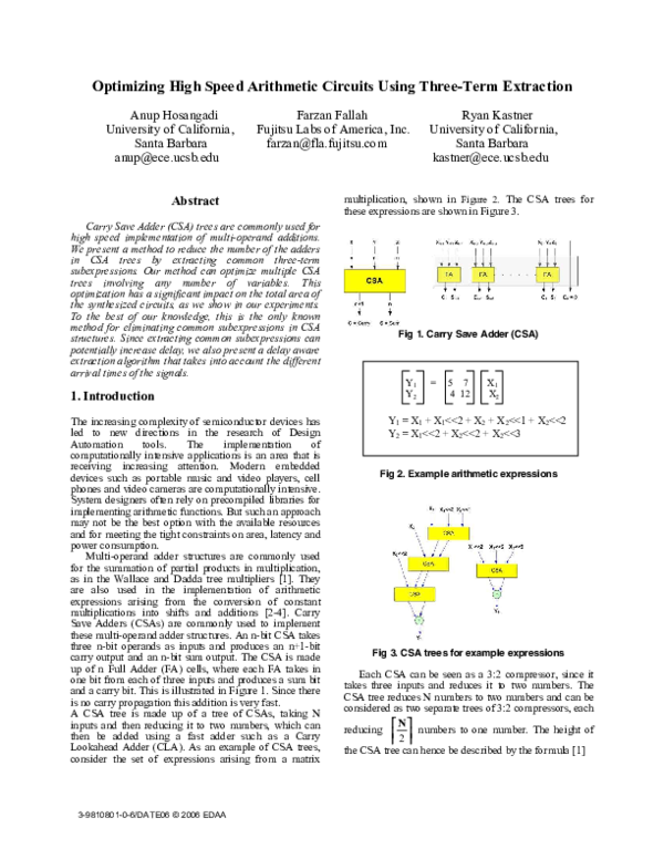 Pdf Optimizing High Speed Arithmetic Circuits Using Three Term Extraction