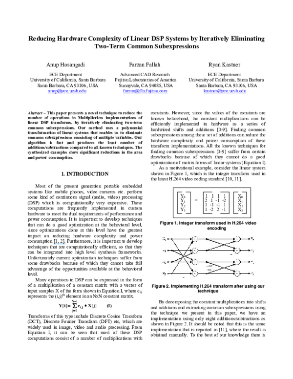 (PDF) Optimizing DSP Systems by Subexpression Reduction
