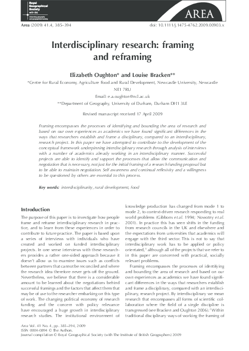 (PDF) Interdisciplinary research: framing and reframing