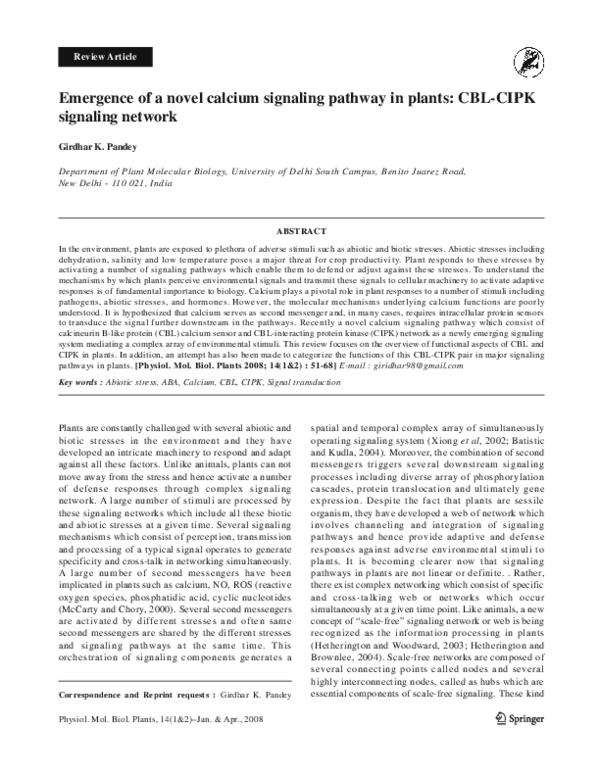 (PDF) Emergence of a novel calcium signaling pathway in plants: CBL-CIPK signaling network
