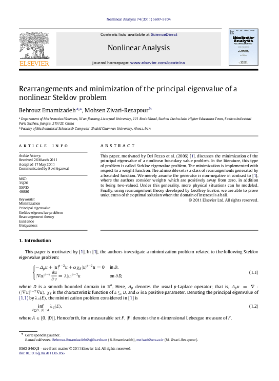 (PDF) Rearrangements and minimization of the principal eigenvalue of a nonlinear Steklov problem