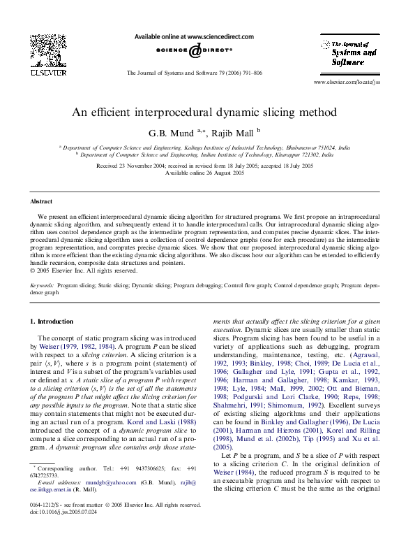 Pdf An Efficient Interprocedural Dynamic Slicing Method