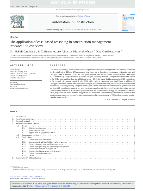 Pdf The Application Of Case Based Reasoning In Construction