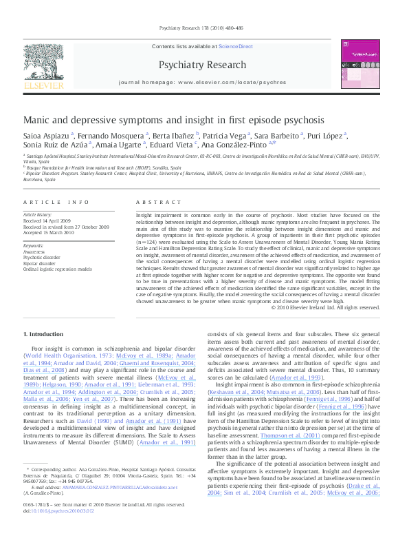 (PDF) Manic and depressive symptoms and insight in first episode psychosis
